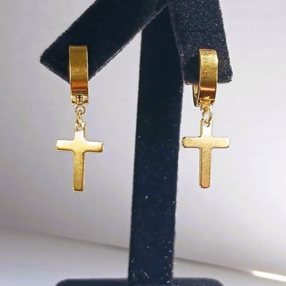 Accessories | Men 14k Gold Cross Earrings Christian Jesus Guys Hanging ...